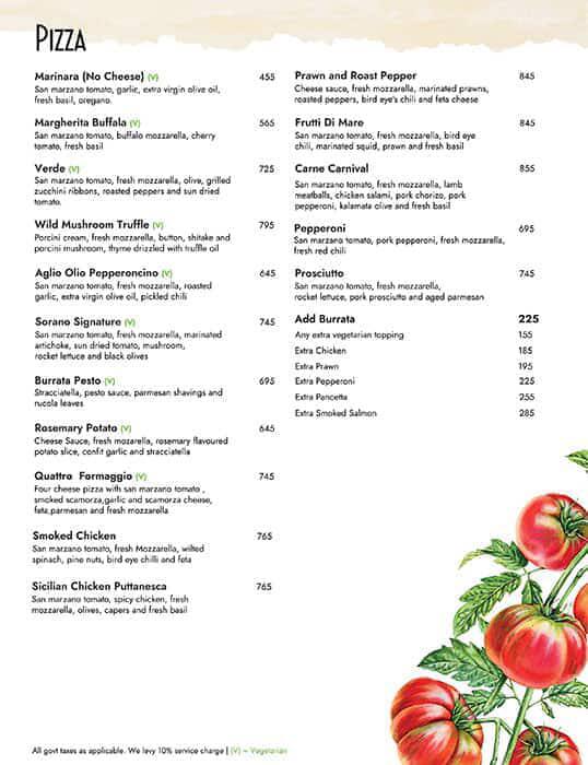 Menu at Sorano, Kolkata