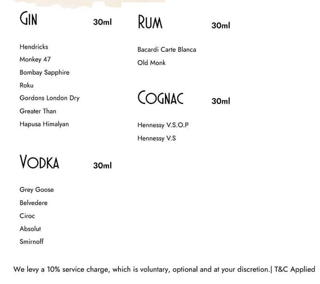 Menu at Sorano, Kolkata