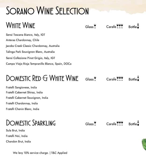 Menu at Sorano, Kolkata