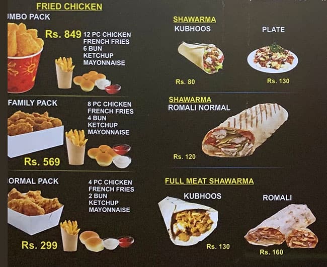 Menu of Shawarma Souk, Thevera, Kochi