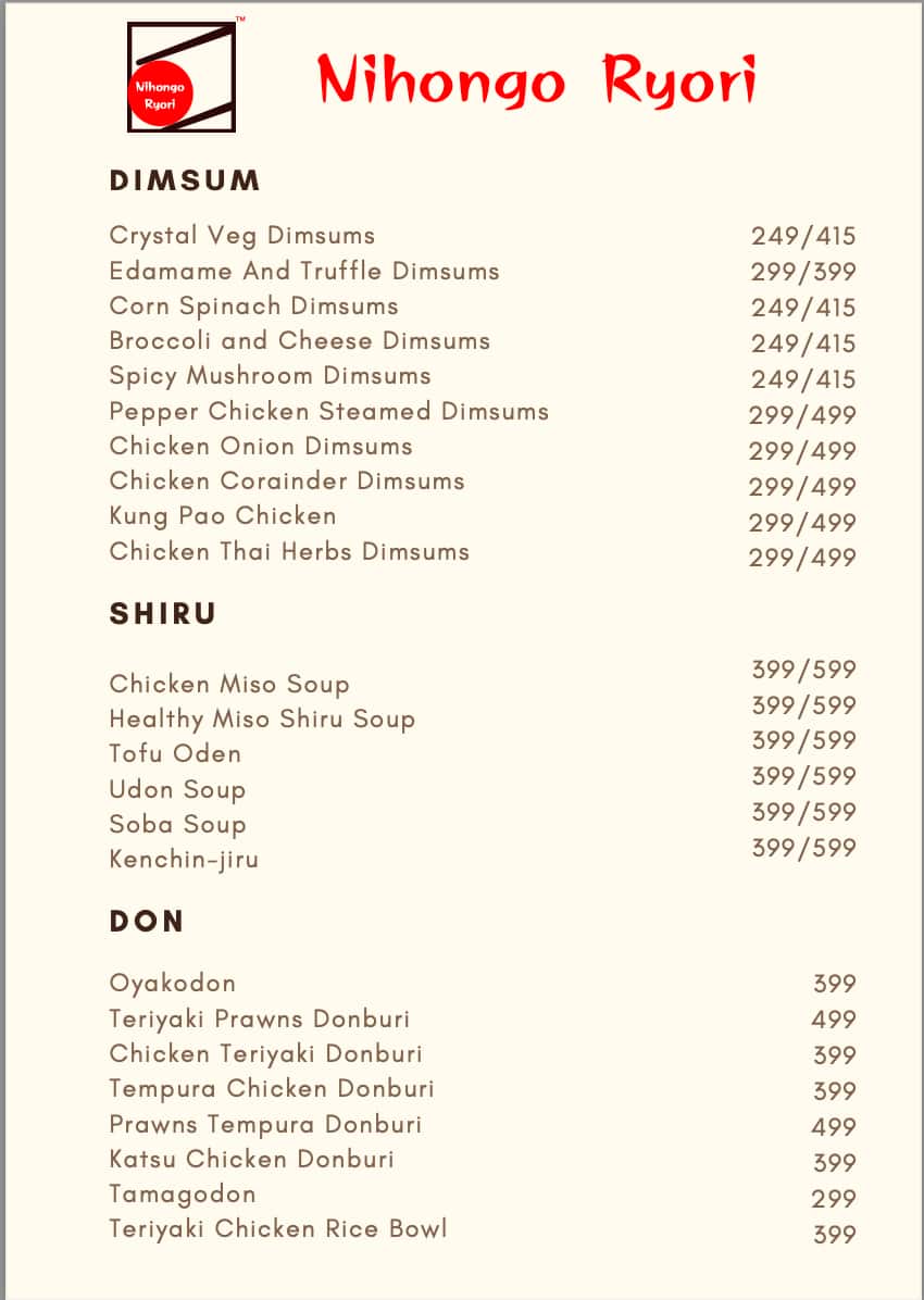 Menu of Nihongo Ryori, Kothrud, Pune