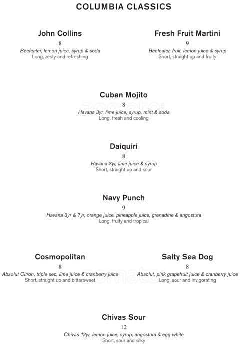 Menu at Columbia Restaurant, London