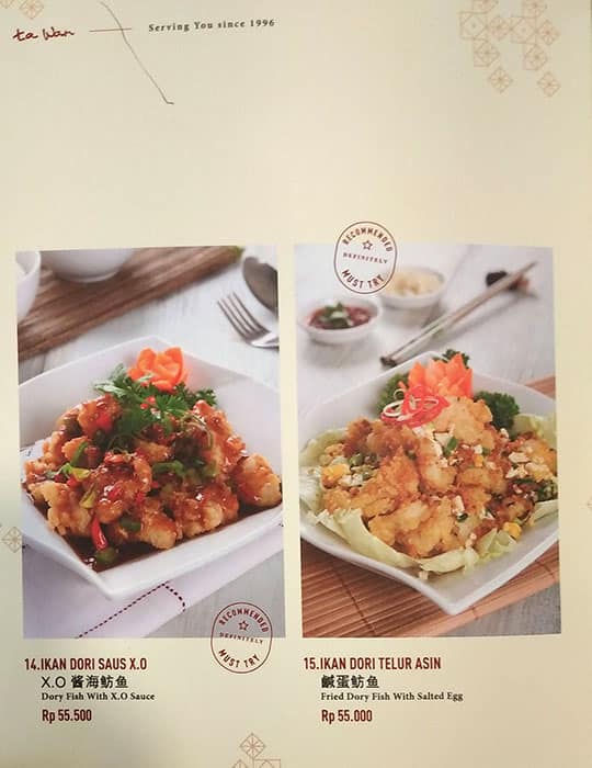 Menu at Ta Wan, Mall Taman Anggrek restaurant, West Jakarta