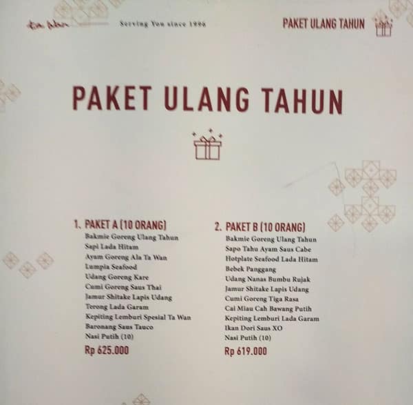 Menu at Ta Wan FX Sudirman restaurant, Central Jakarta, FX Sudirman