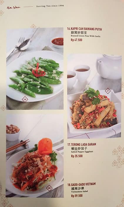 Menu at Ta Wan, Mall Taman Anggrek restaurant, West Jakarta