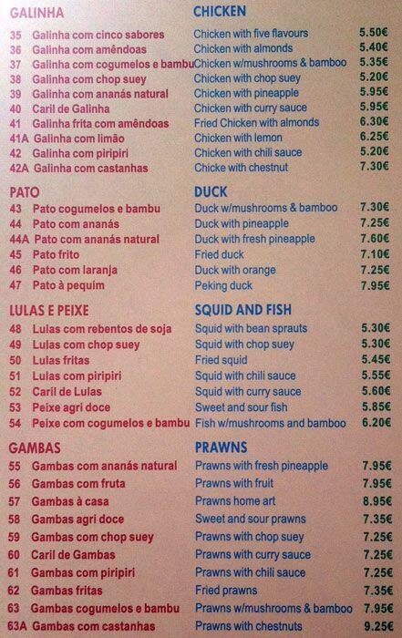 Menu em Buffet Chinês restaurante, Lisboa