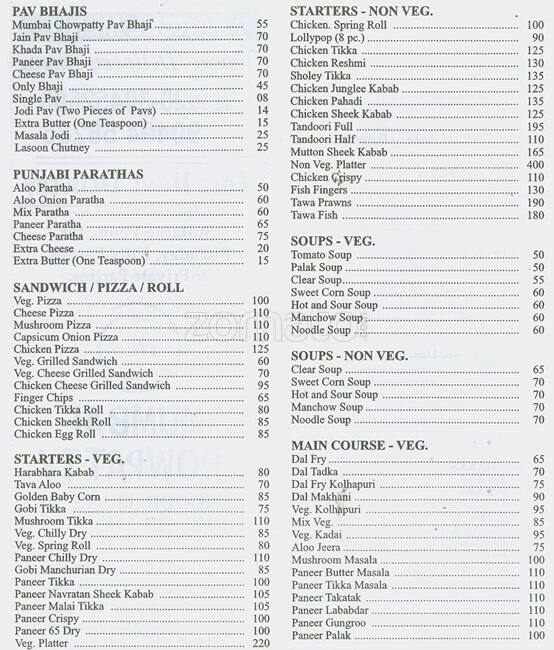 Menu at Mumbai Chowpatty, Pune