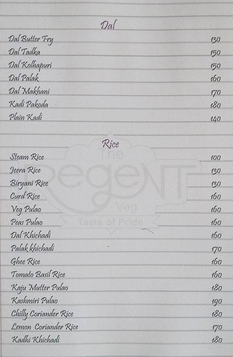 Menu at The Regent, Pune