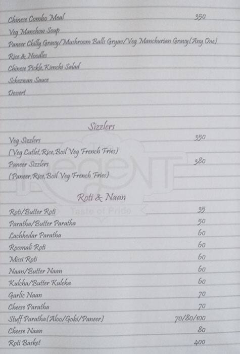 Menu at The Regent, Pune