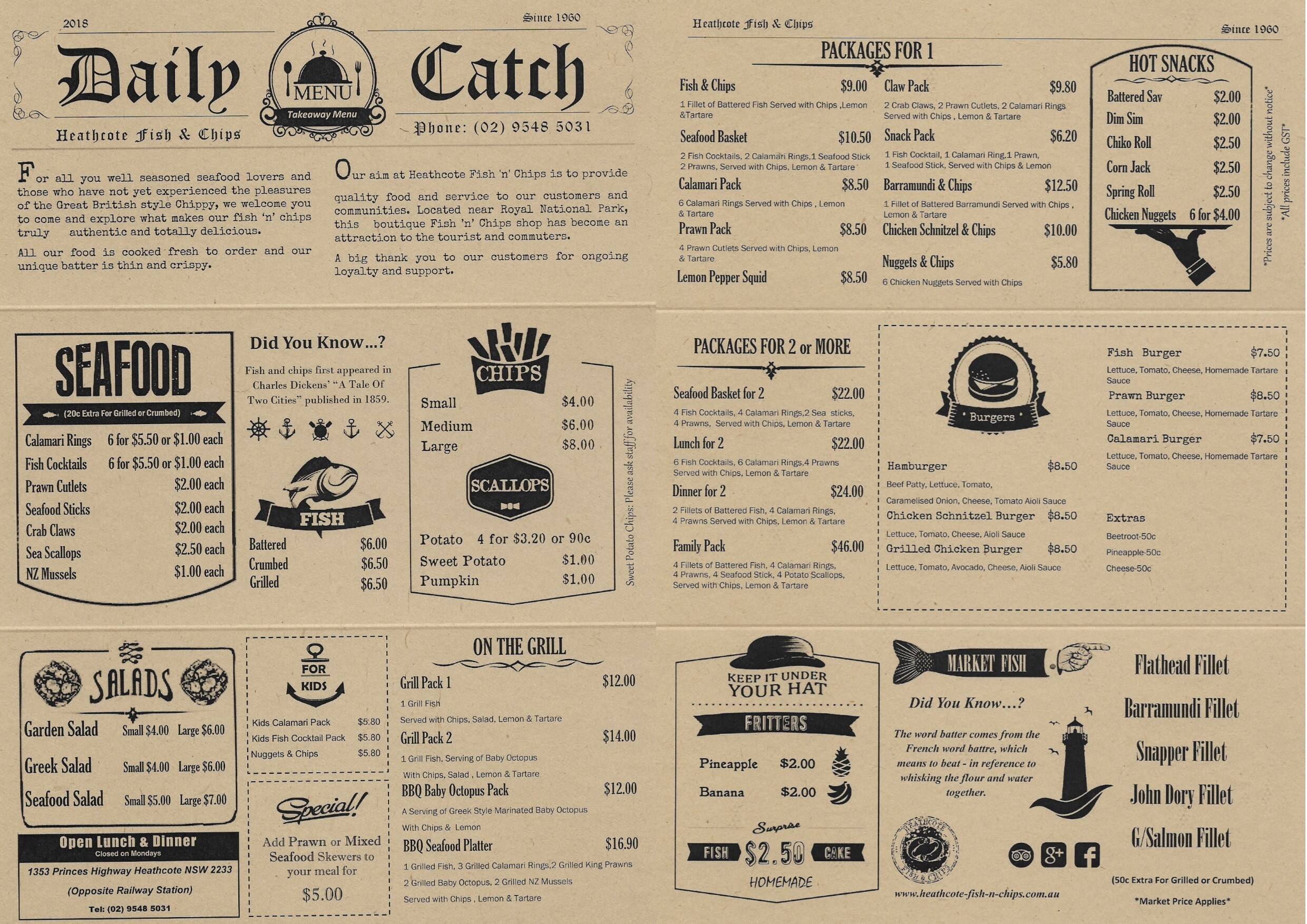 Menu at Heathcote Fish & Chips (NSW) restaurant, Heathcote