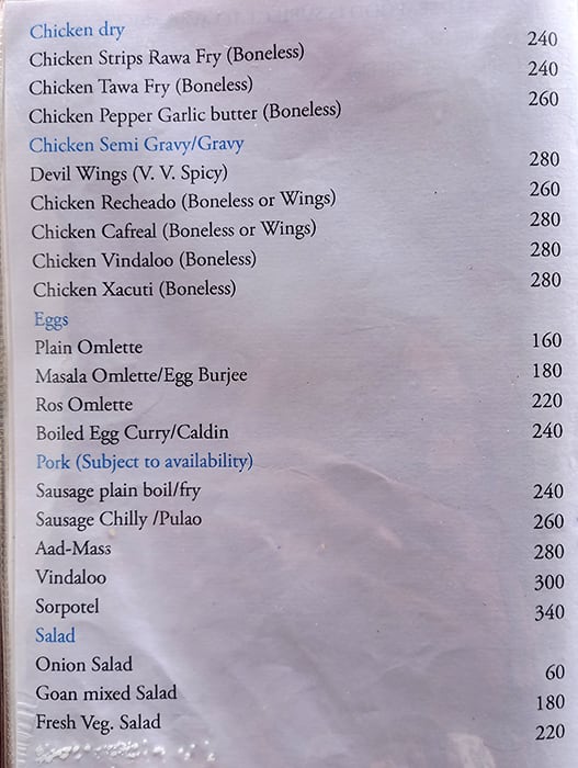 Menu of Babazin's, Nerul, Goa