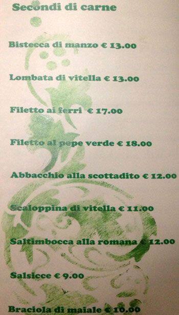Menu at Mickey Mouse restaurant, Rome