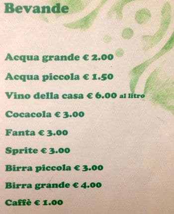 Menu at Mickey Mouse restaurant, Rome