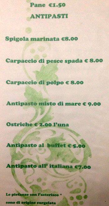 Menu at Mickey Mouse restaurant, Rome