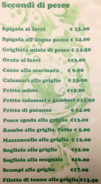 Menu at Mickey Mouse restaurant, Rome