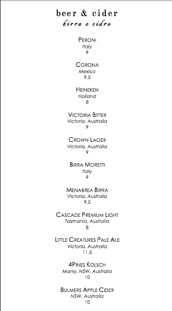 Menu at Fiasco Modern Italian restaurant, Manly