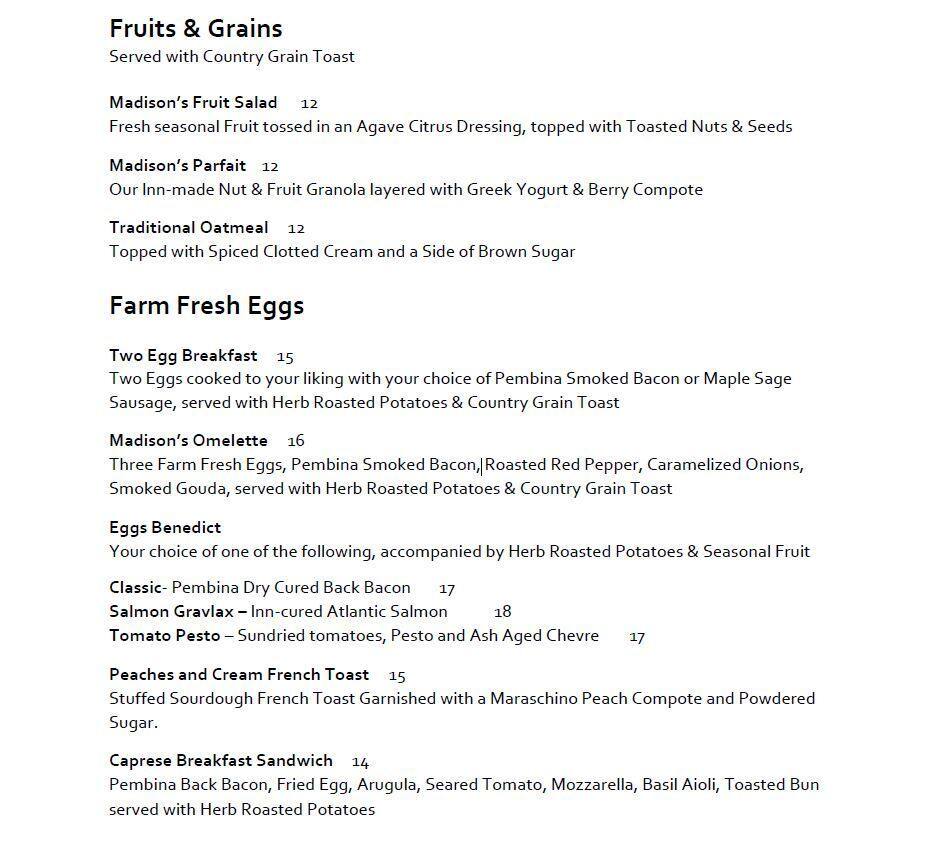 Menu at Madison's Grill restaurant, Edmonton