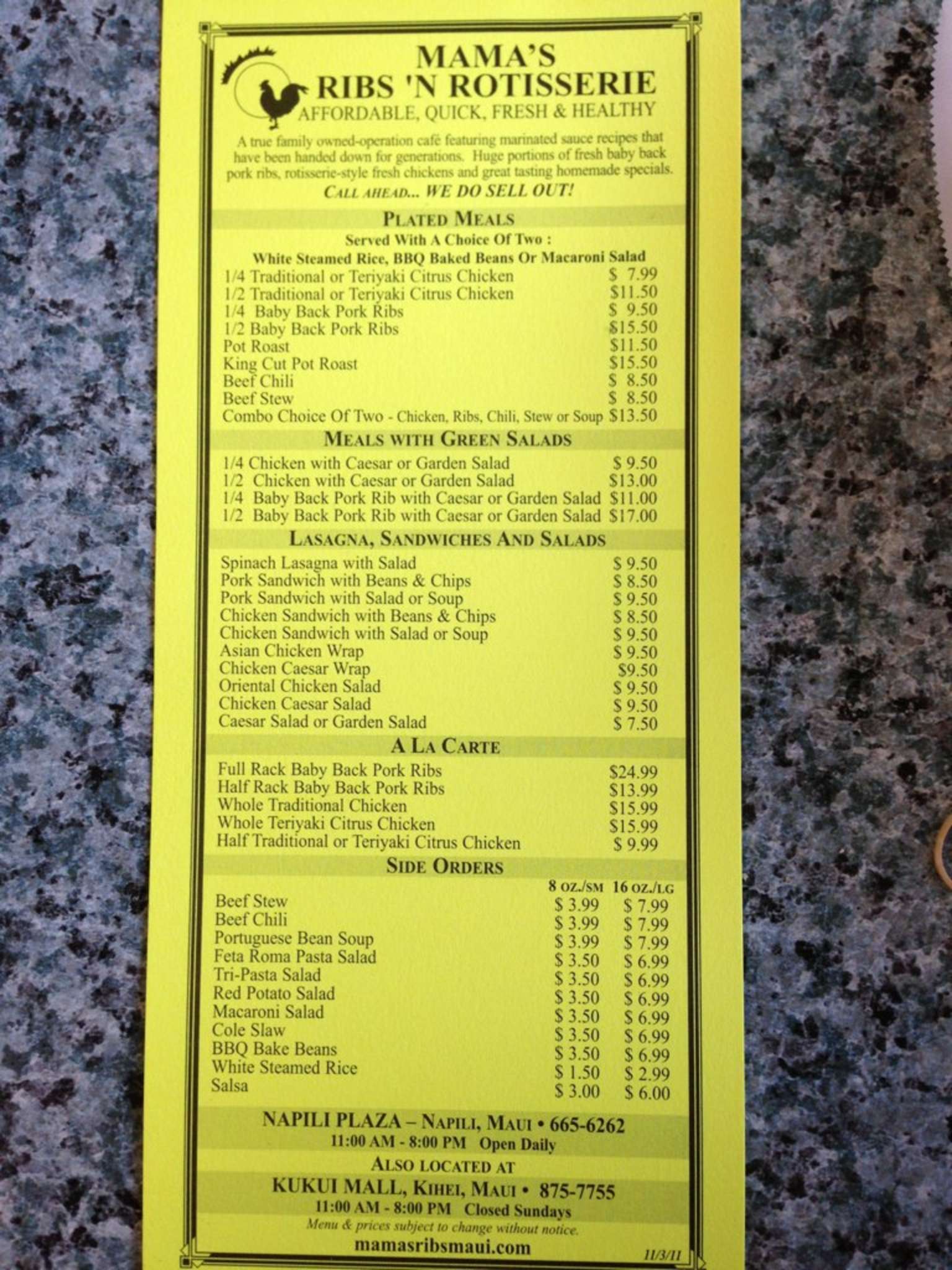 Menu at Mama's Ribs & Rotisserie BBQ, Napili-Honokowai
