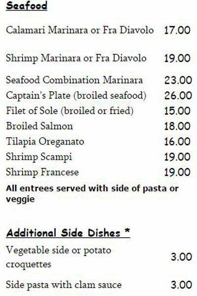 Menu at Taormina Trattoria restaurant, Peekskill