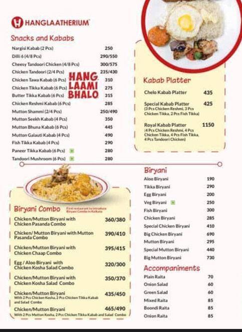 Menu of Hanglaatherium, Prince Anwar Shah Road, Kolkata
