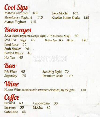 Menu at The Old Spaghetti House restaurant, Makati, WalterMart Makati