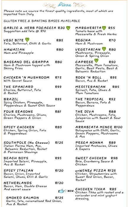 Speisekarte von Capri Restaurant and Bar, Kapstadt