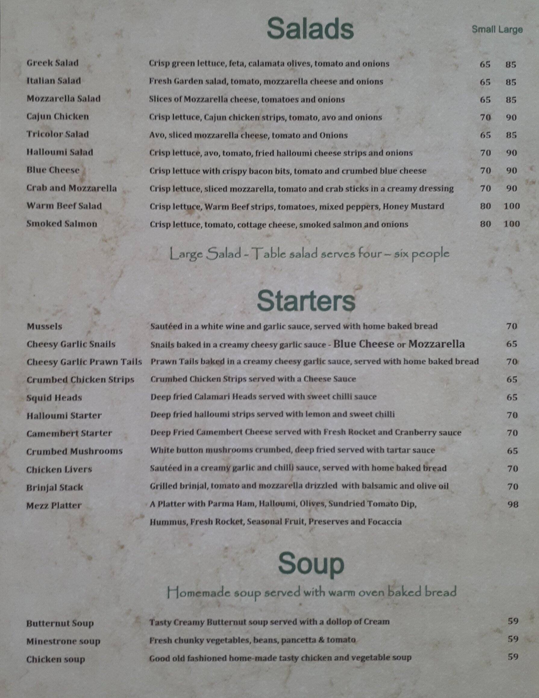 Menu at Il Camino restaurant, Johannesburg South
