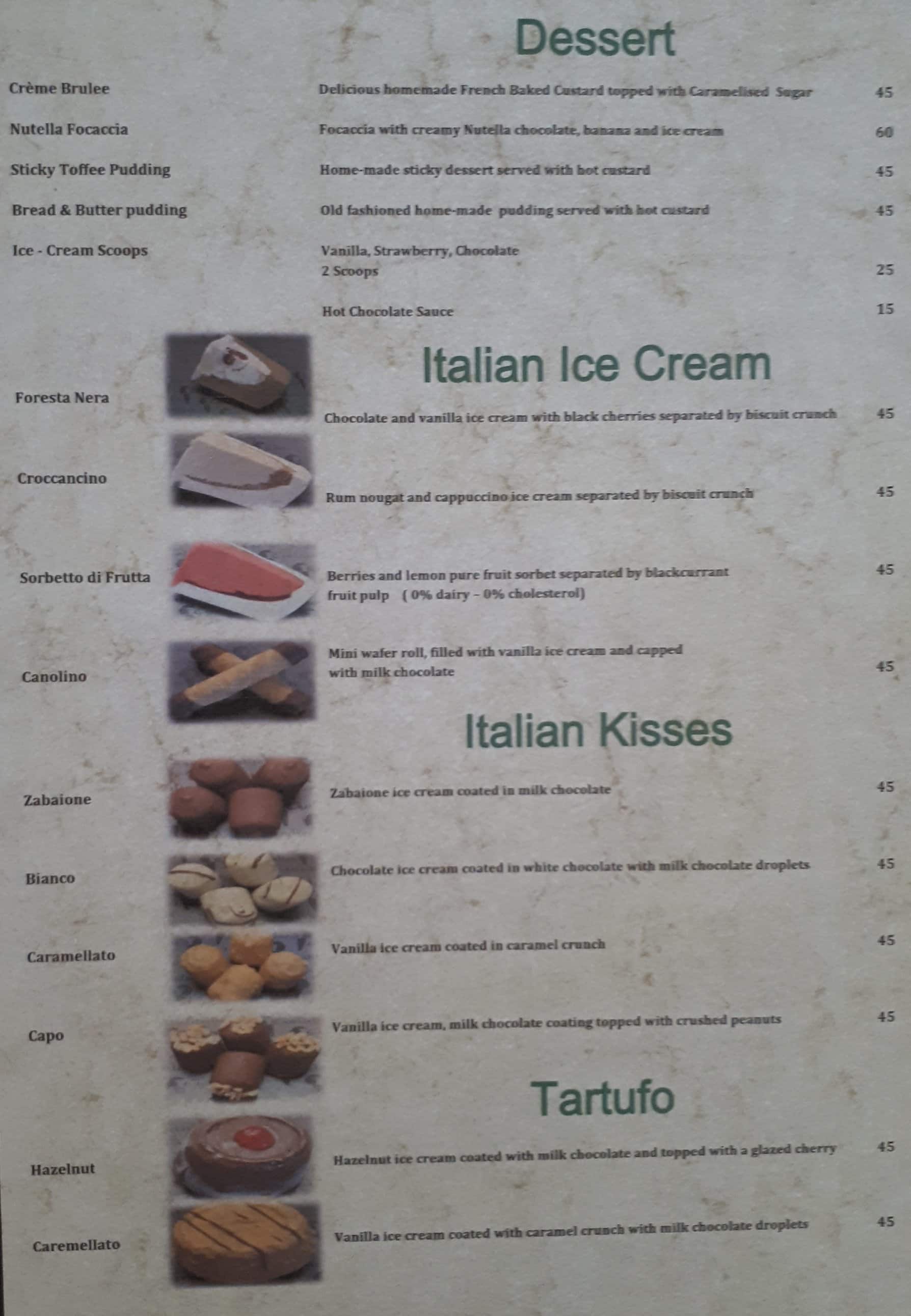 Menu at Il Camino restaurant, Johannesburg South