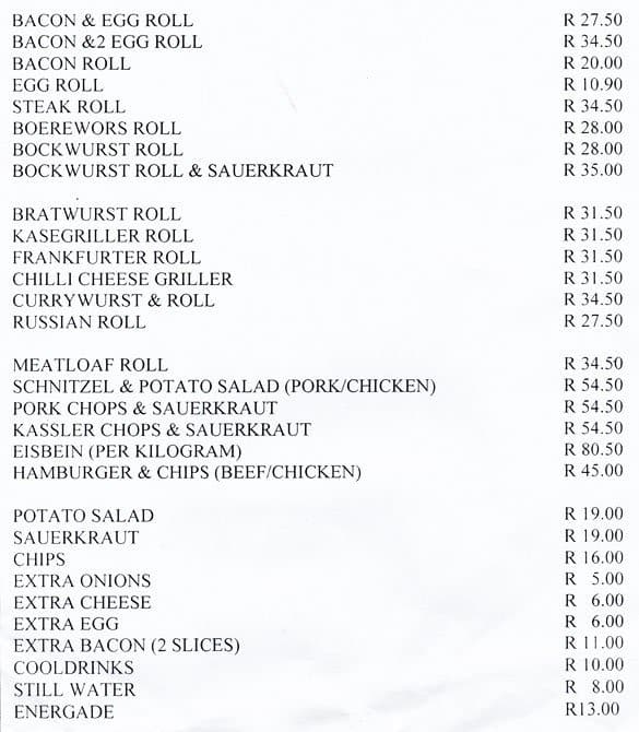 Menu at The German Grill restaurant, Edenvale