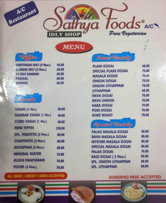 Menu at Sathya Foods A/c. Pure veg., Chennai, No 3/475