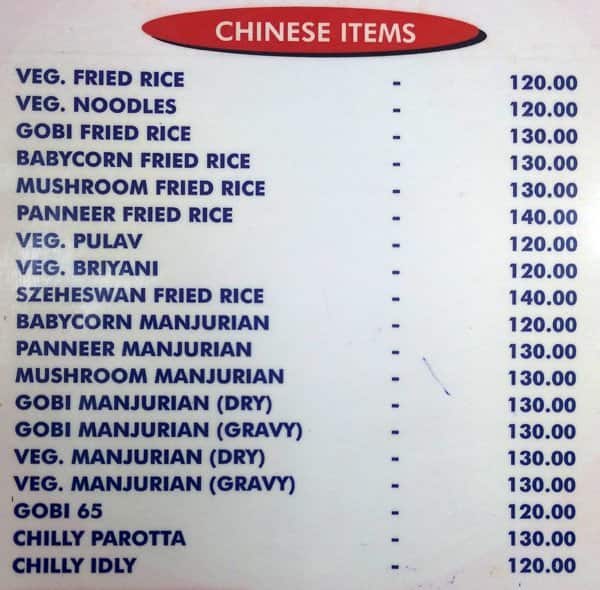 Menu at Sathya Foods A/c. Pure veg., Chennai, No 3/475
