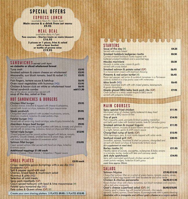 Menu at Velvet Hotel, Bar & Brasserie, Manchester, 2 Canal St