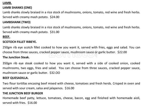 Menu at The Junction Sports Bar, Auckland