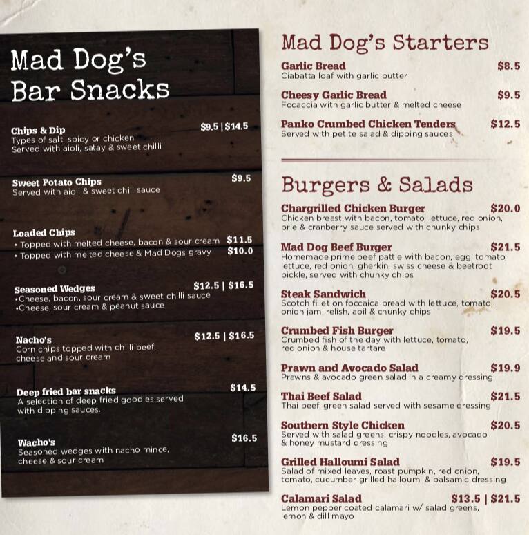Menu at Mad Dogs & Englishmen pub & bar, Auckland, 8/20 Link Dr
