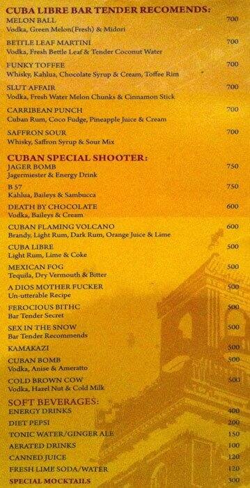 Menu at Cuba Libre, Hyderabad, Level - 5
