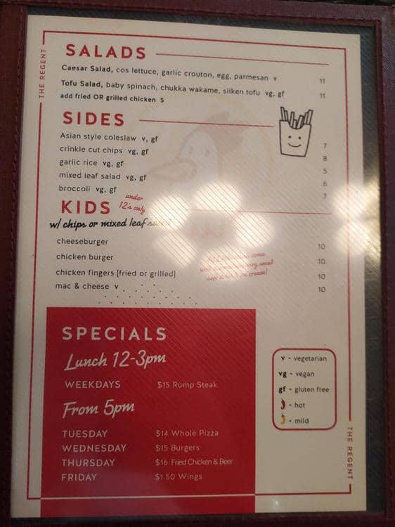 Menu at Regent Hotel pub & bar, Kingsford, 416-418 Anzac Parade