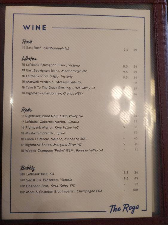 Menu at Regent Hotel pub & bar, Kingsford, 416-418 Anzac Parade