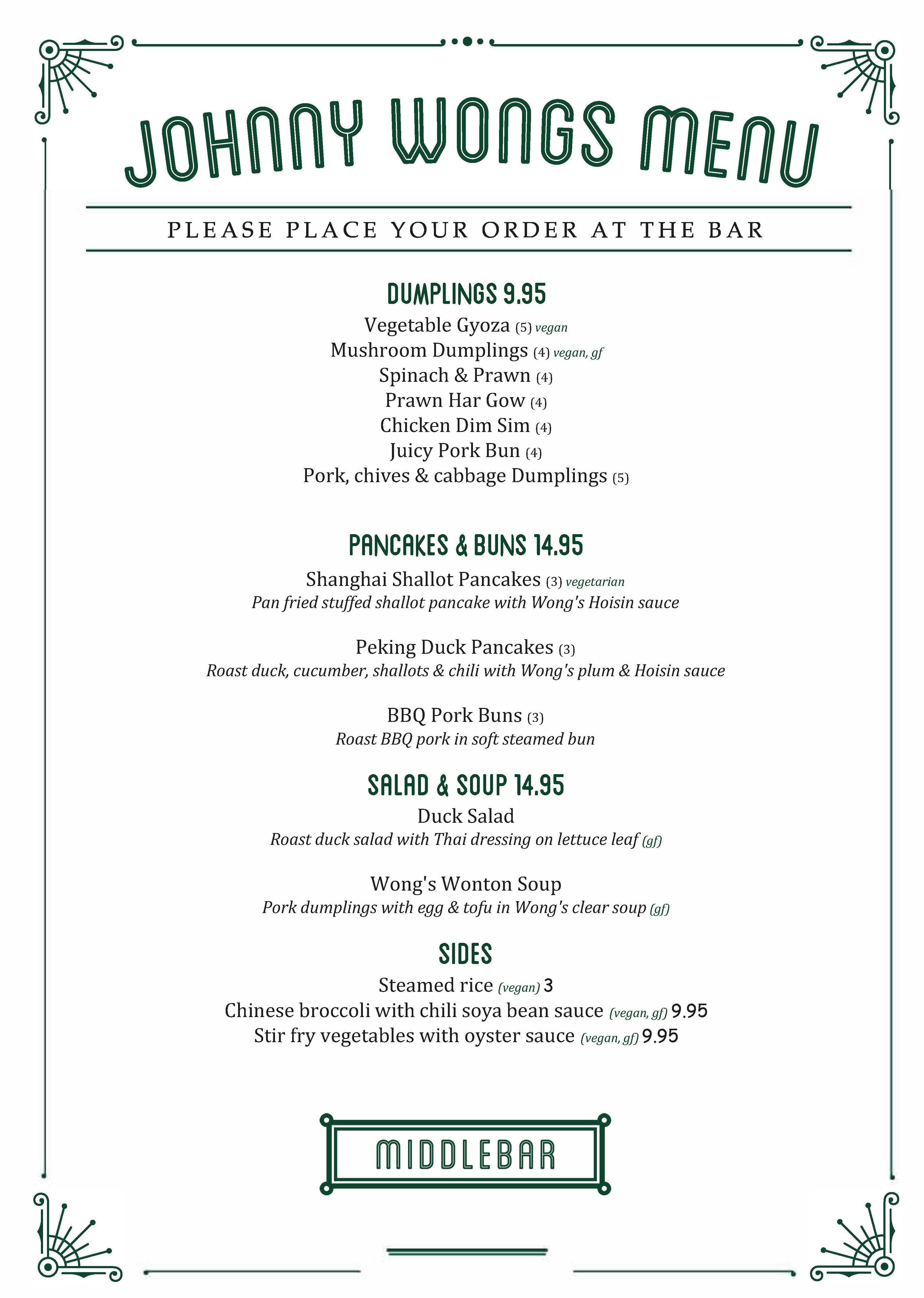 Menu at Johnny Wong's Dumpling Bar, Darlinghurst