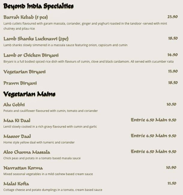 Menu at Beyond India | Modbury restaurant, Modbury North, 108 Kelly Rd