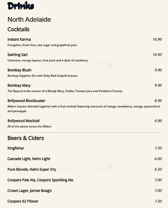 Menu at Beyond India | Modbury restaurant, Modbury North, 108 Kelly Rd
