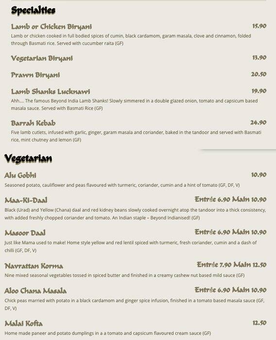 Menu at Beyond India | Modbury restaurant, Modbury North, 108 Kelly Rd