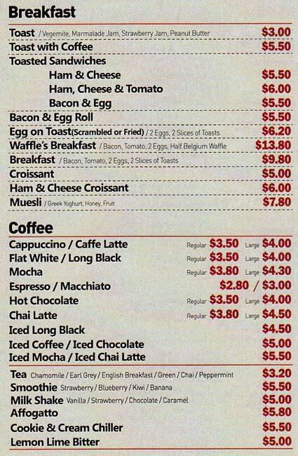 Menu at Waffle & Coffee cafe, Adelaide
