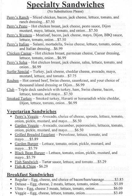Menu at Perry's Deli, Fairfax