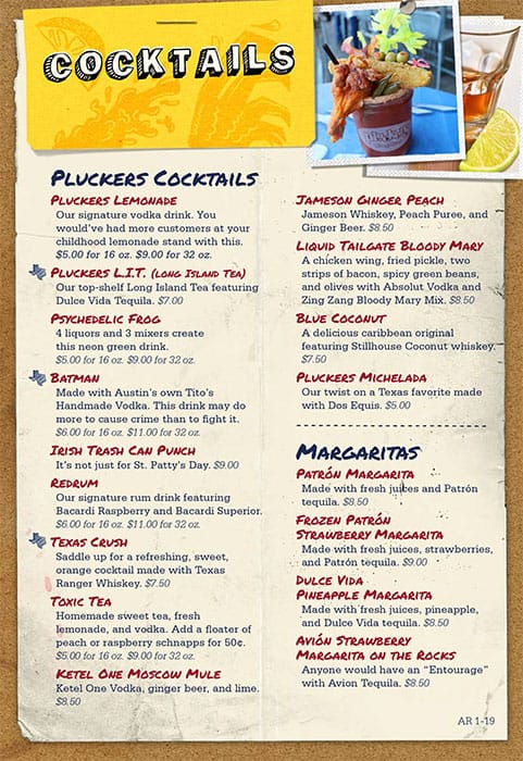 Menu at Pluckers Wing Bar, Addison, Belt Line Rd #520