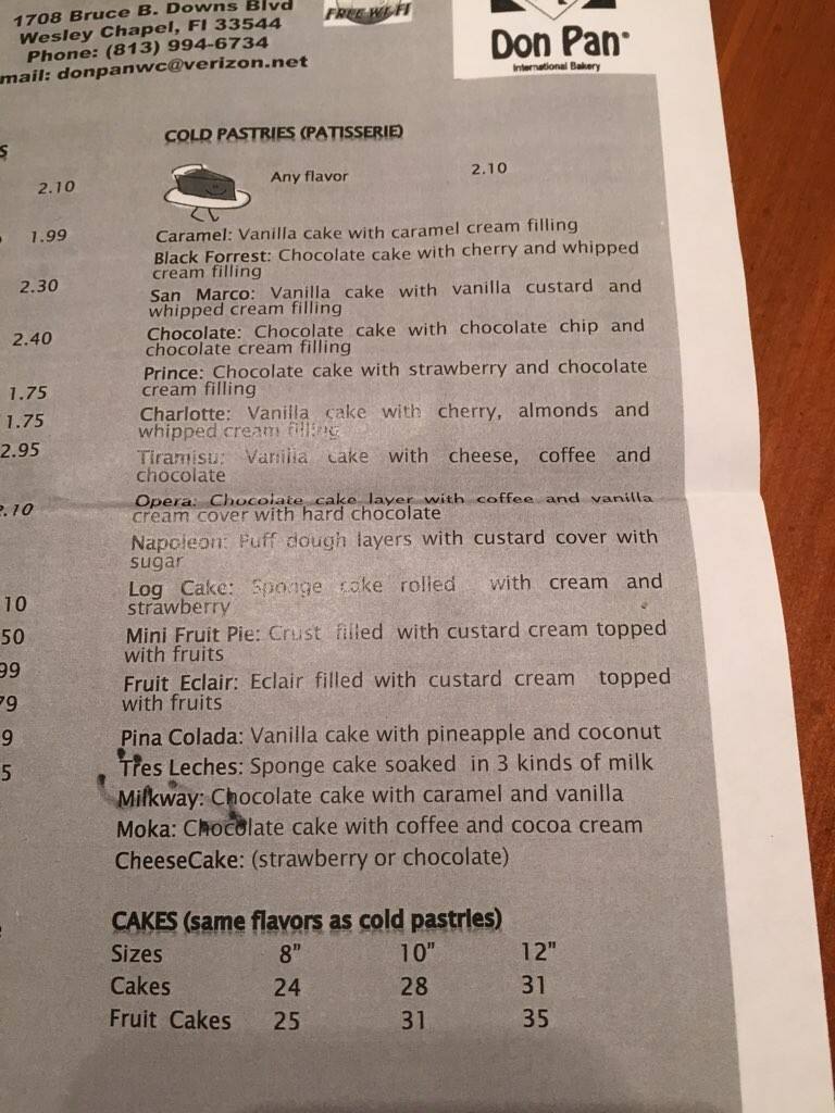 Carta del café Don Pan, Wesley Chapel