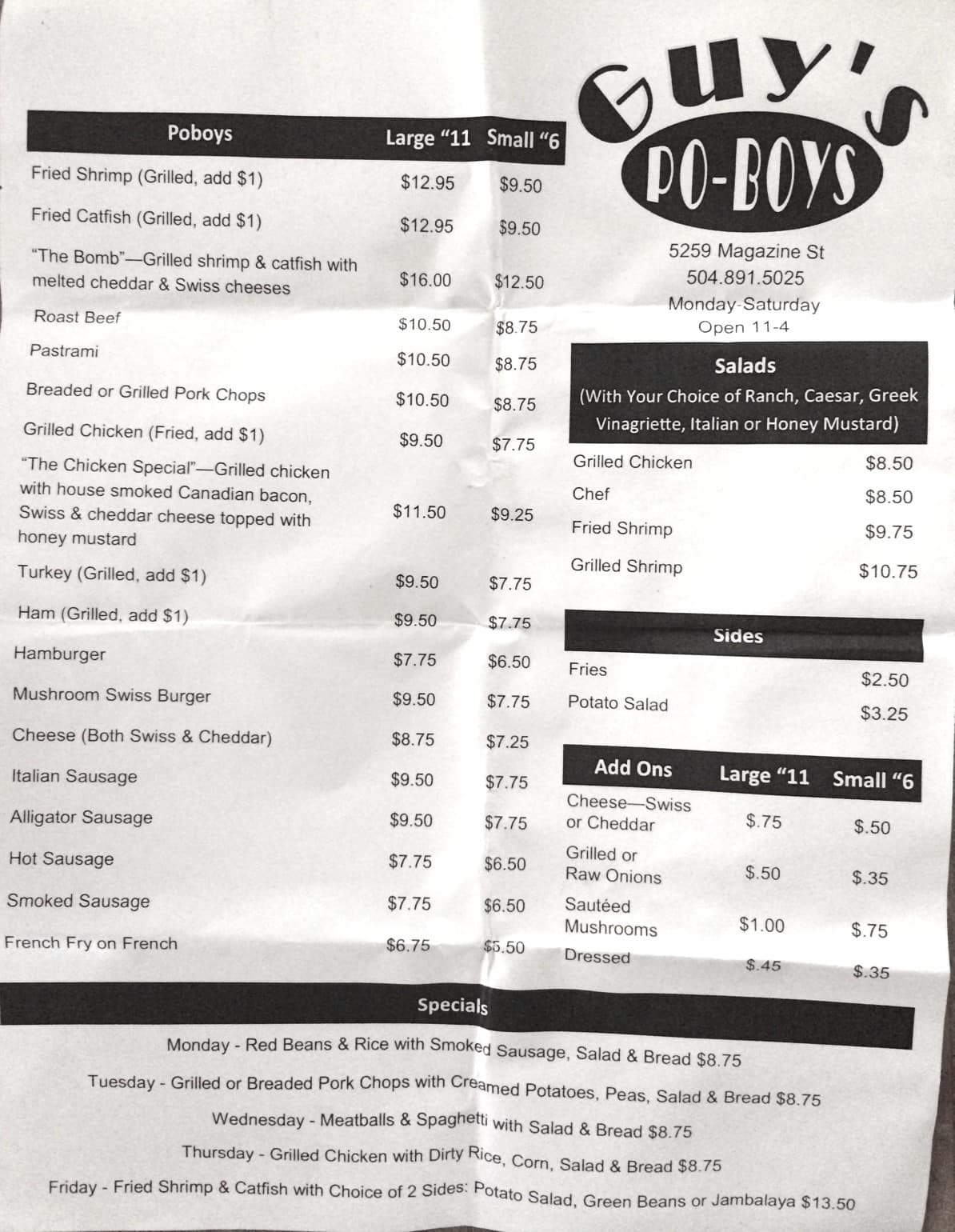 Menu at Guy’s Po’ Boys restaurant, New Orleans