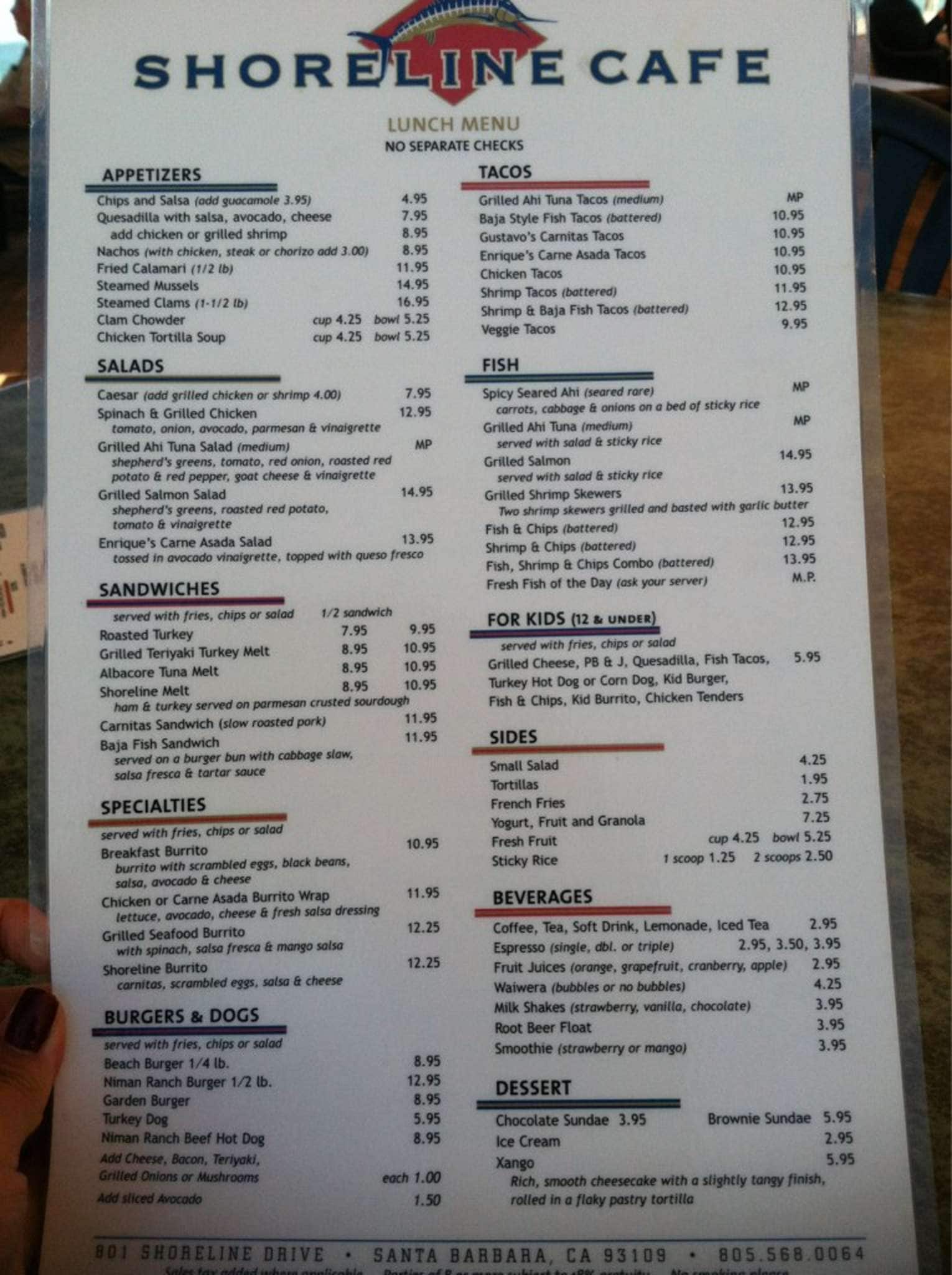 Menu at Shoreline Beach Cafe, Santa Barbara