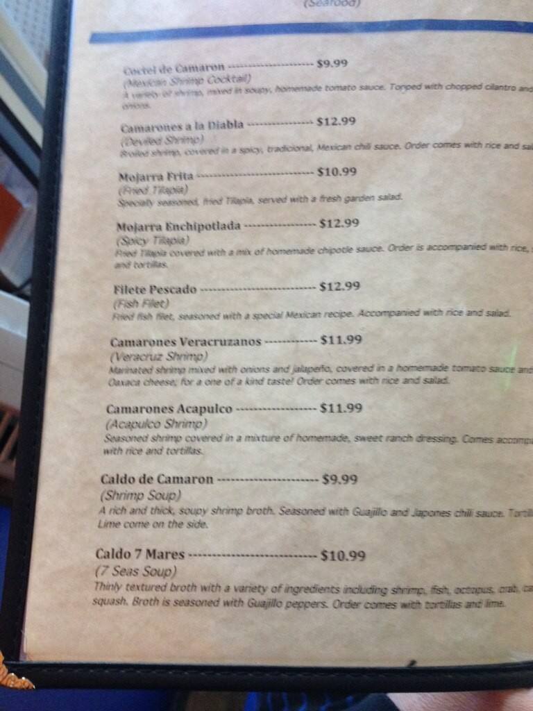 Menu at Taco Mex restaurant, Pensacola