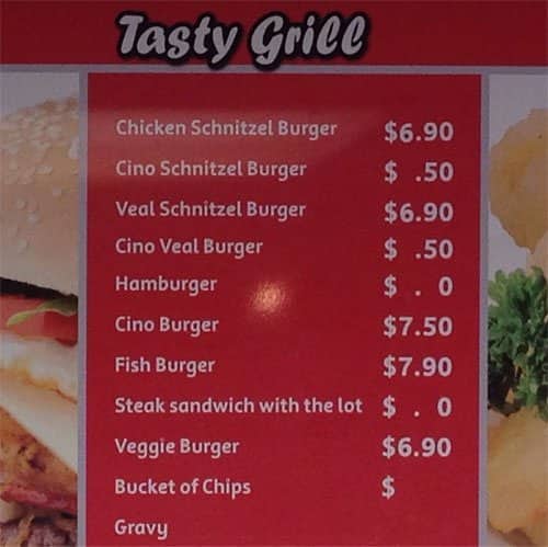 Menu at Cafe Cino, Adelaide