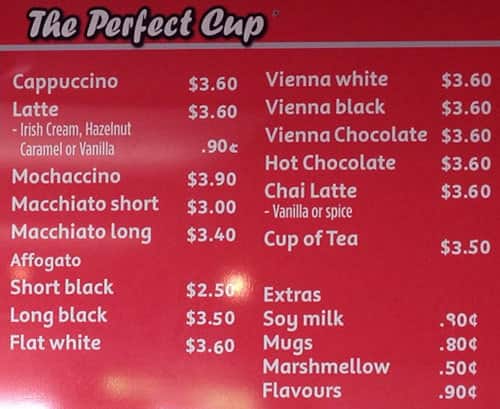 Menu at Cafe Cino, Adelaide